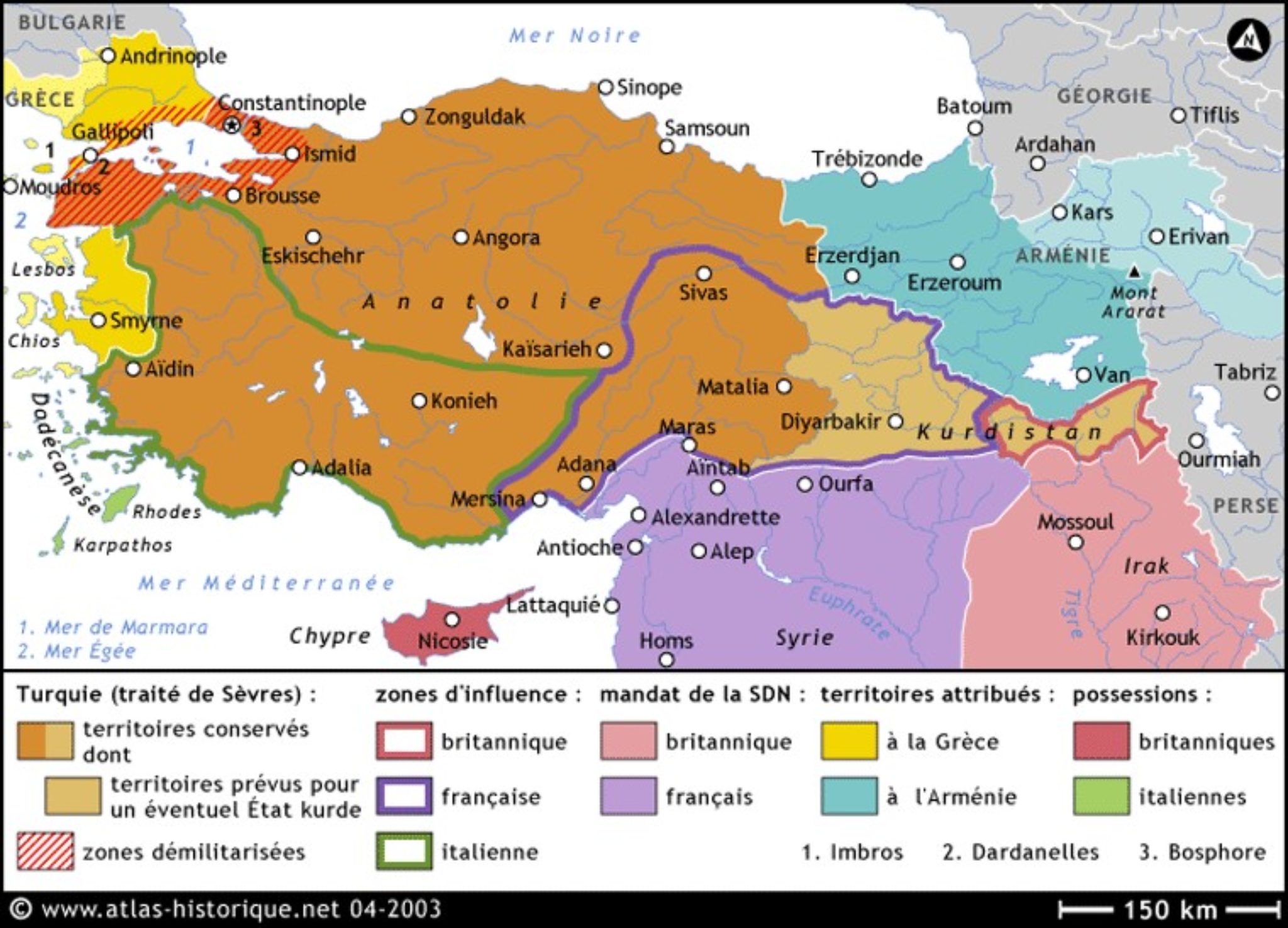 Traité de Sèvres – carte des zones d’influence